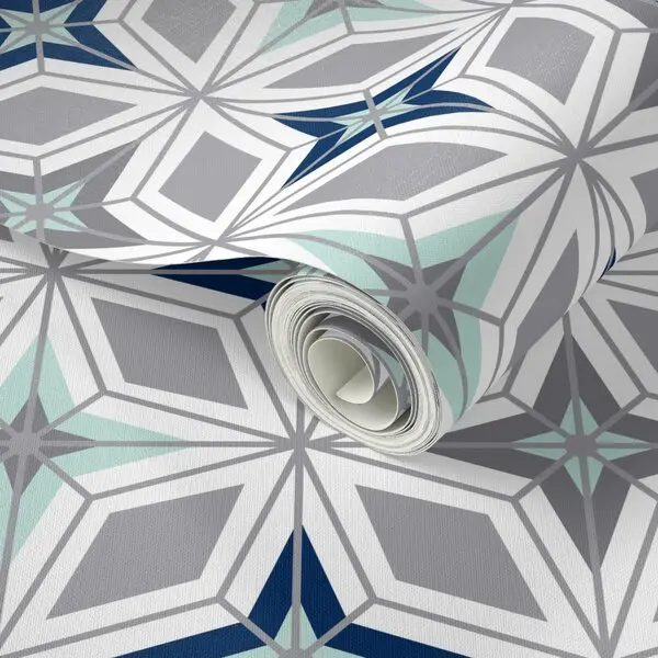 Spoonflower Nordic Star White Mid Century Modern Geometric Geo Traditional Wallpaper - Gray,blue