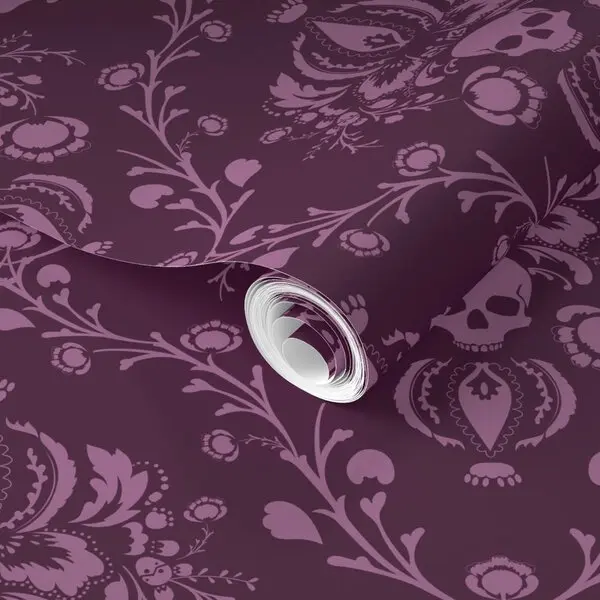 Spoonflower Halloween Skull Damask Spooky Haunted Plum Custom Removable Wallpaper - Purple,pink