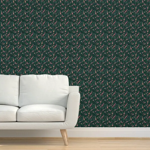 Spoonflower Enchanted Forest Woodland Rabbits Small Scale 100% Natural Sisal Grasscloth Wallcovering - Pink,green