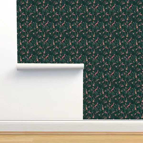 Spoonflower Enchanted Forest Woodland Rabbits Small Scale 100% Natural Sisal Grasscloth Wallcovering - Pink,green