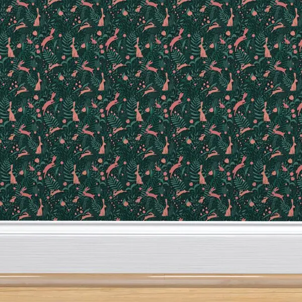 Spoonflower Enchanted Forest Woodland Rabbits Small Scale 100% Natural Sisal Grasscloth Wallcovering - Pink,green