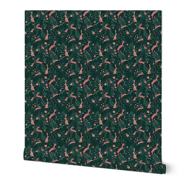 Spoonflower Enchanted Forest Woodland Rabbits Small Scale 100% Natural Sisal Grasscloth Wallcovering - Pink,green