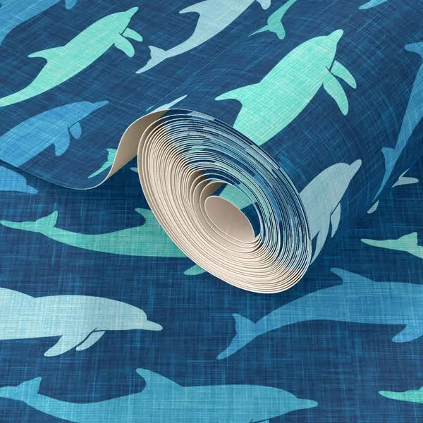 Spoonflower Dolphins Nautical Summer Beach Multi On 100% Natural Sisal Grasscloth Wallcovering - Blue