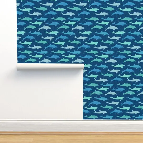 Spoonflower Dolphins Nautical Summer Beach Multi On 100% Natural Sisal Grasscloth Wallcovering - Blue