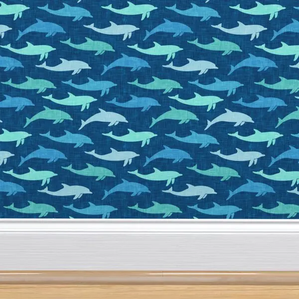 Spoonflower Dolphins Nautical Summer Beach Multi On 100% Natural Sisal Grasscloth Wallcovering - Blue