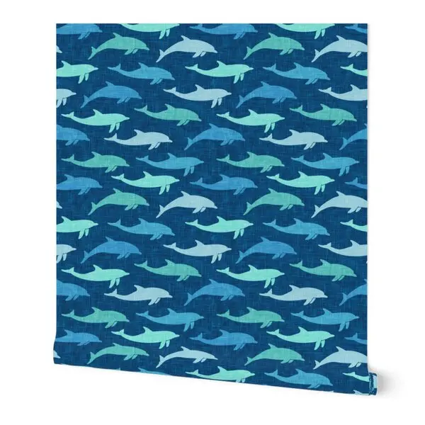 Spoonflower Dolphins Nautical Summer Beach Multi On 100% Natural Sisal Grasscloth Wallcovering - Blue