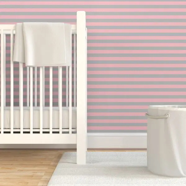 Spoonflower White Stripe Grey Stripes Custom Pre-pasted Wallpaper
