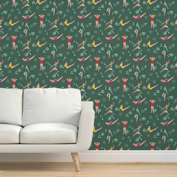 Spoonflower Hommage To Esther Williams 100% Natural Sisal Grasscloth Wallcovering - Green