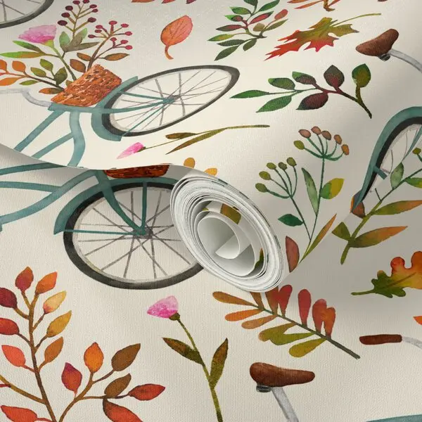 Spoonflower Bike Watercolor Fall Cream Leaves Bicycle Off Custom Removable Wallpaper - Beige,green,brown