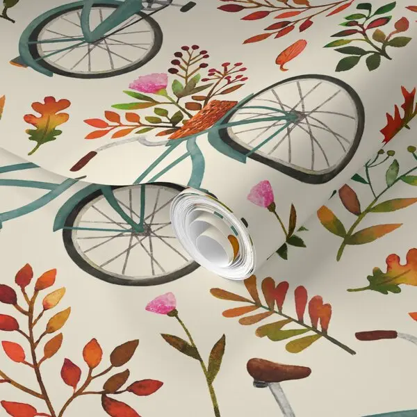 Spoonflower Bike Watercolor Fall Cream Leaves Bicycle Off Custom Pre-pasted Wallpaper - Beige,green,brown