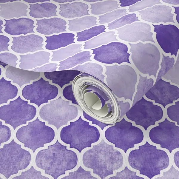 Spoonflower D Purple Moroccan White Watercolor Violet Ogee Custom Pre-pasted Wallpaper - Purple,white
