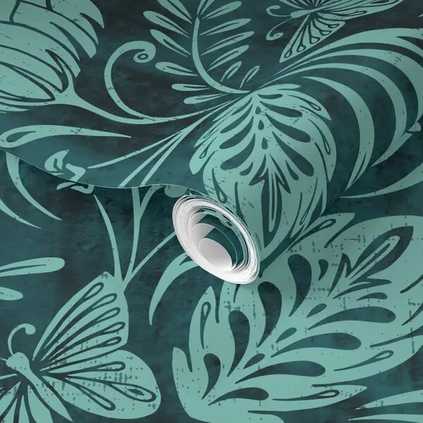 Spoonflower Damask Aqua Butterflies Traditional Feminine Custom Removable Wallpaper - Blue,teal,green