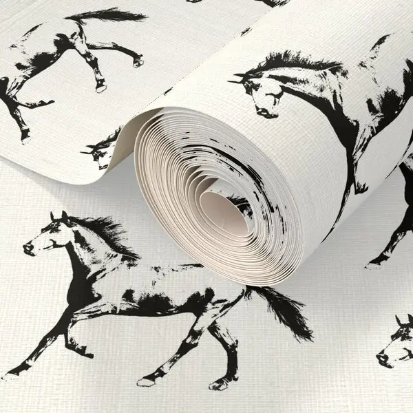 Spoonflower Horses Horse Galloping Equine Race Minimalist 100% Natural Sisal Grasscloth Wallcovering - White
