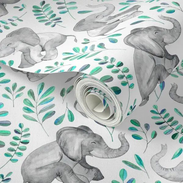 Spoonflower Green Laughing Baby Elephants Emerald Turquoise Custom Removable Wallpaper - Green,gray,mint