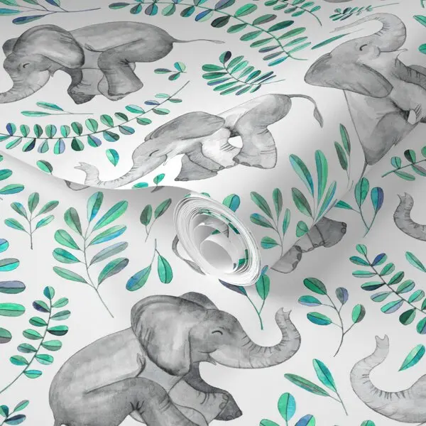 Spoonflower Green Laughing Baby Elephants Emerald Turquoise Custom Pre-pasted Wallpaper - Green,gray,mint