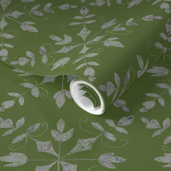 Spoonflower Olive Green Trellis Leaves Custom Pre-pasted Wallpaper - Green,black