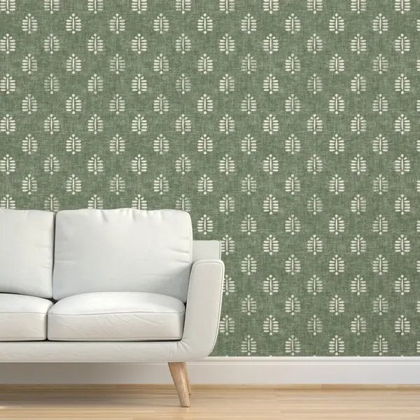 Spoonflower Fern Block On Sage 100% Natural Sisal Grasscloth Wallcovering - Sage,green