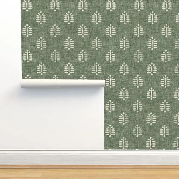Spoonflower Fern Block On Sage 100% Natural Sisal Grasscloth Wallcovering - Sage,green