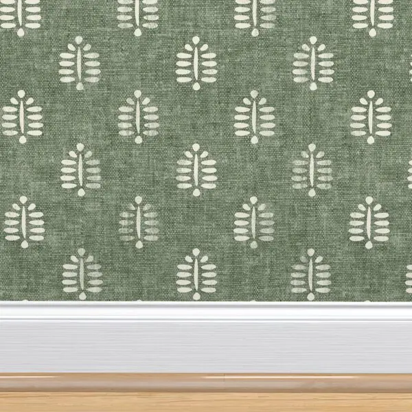 Spoonflower Fern Block On Sage 100% Natural Sisal Grasscloth Wallcovering - Sage,green