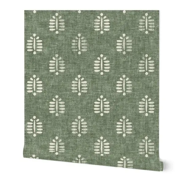 Spoonflower Fern Block On Sage 100% Natural Sisal Grasscloth Wallcovering - Sage,green