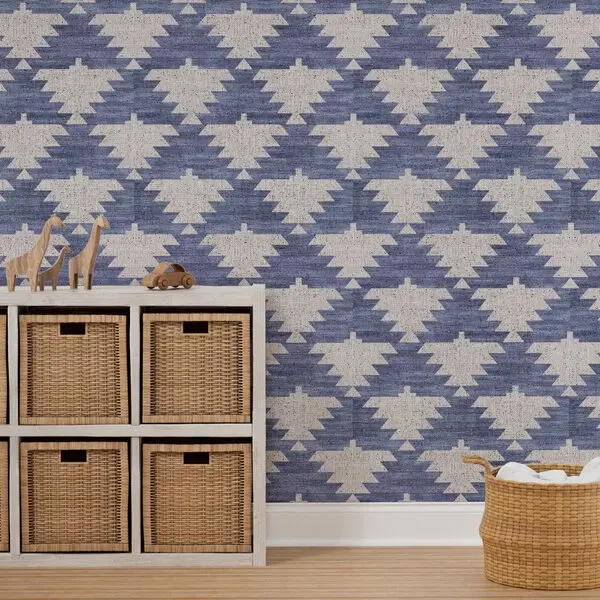 Spoonflower Boho Blue Gray Kilim Southwestern Custom Removable Wallpaper - Blue,gray