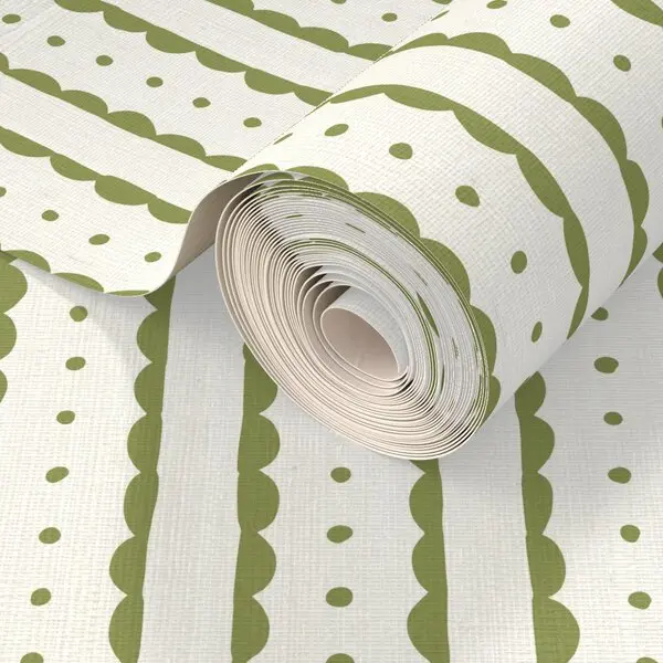 Spoonflower Fern Green Scalloped Stripes And Polka Dots 100% Natural Sisal Grasscloth Wallcovering - White,green