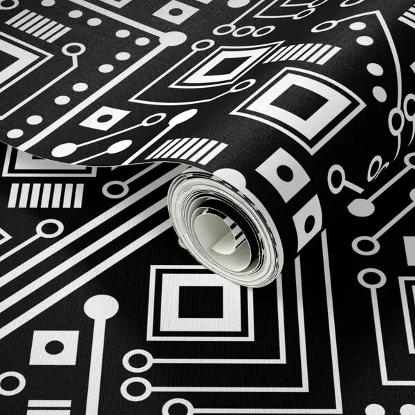 Spoonflower Black And White Circuit Board Custom Pre-pasted Wallpaper - Black,white,gray