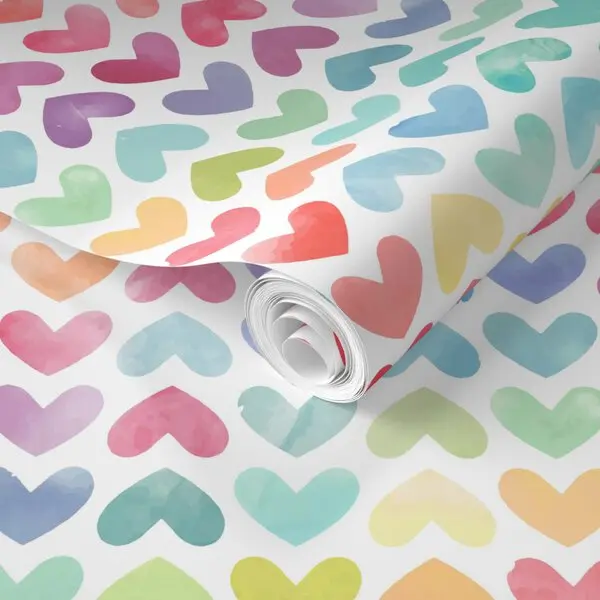 Spoonflower Hearts Baby Whimsical Heart Love Colorful Custom Pre-pasted Wallpaper - Rainbow