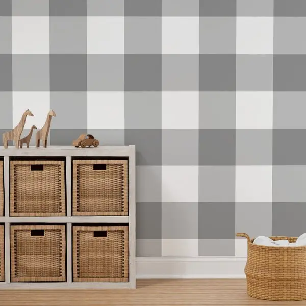 Spoonflower Gingham Grey Gray Large White Graphic Check Custom Removable Wallpaper - White,gray