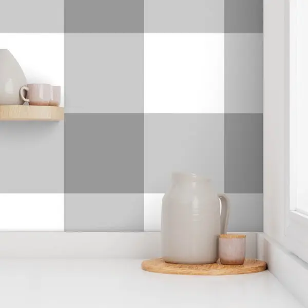 Spoonflower Gingham Grey Gray Large White Graphic Check Custom Removable Wallpaper - White,gray