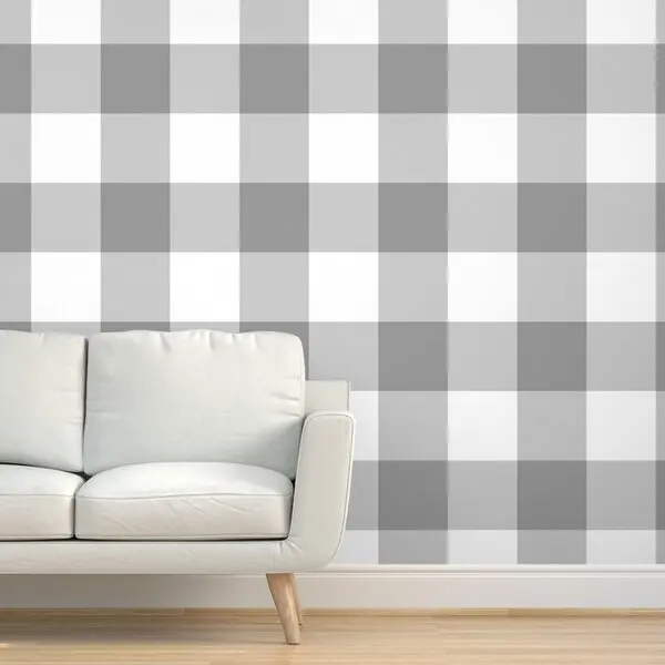 Spoonflower Gingham Grey Gray Large White Graphic Check Custom Removable Wallpaper - White,gray