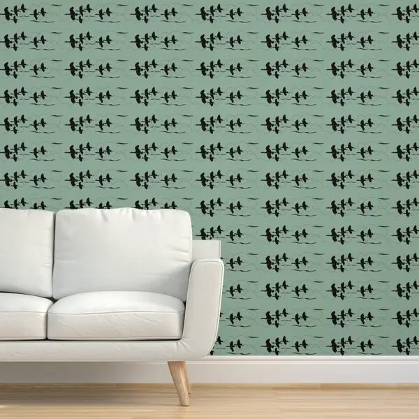 Spoonflower Flying Cranes In Seagreen 100% Natural Sisal Grasscloth Wallcovering
