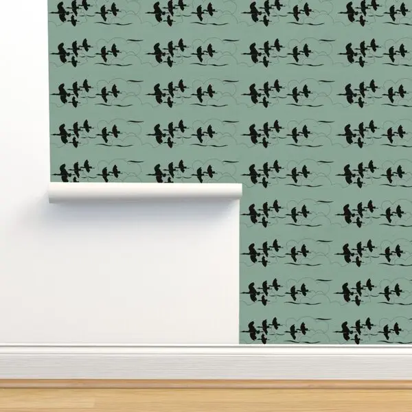 Spoonflower Flying Cranes In Seagreen 100% Natural Sisal Grasscloth Wallcovering