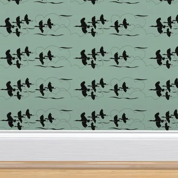 Spoonflower Flying Cranes In Seagreen 100% Natural Sisal Grasscloth Wallcovering
