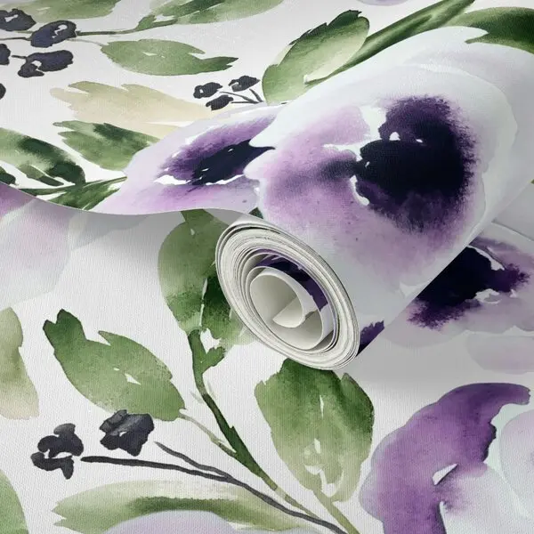 Spoonflower Bloom Violet Watercolor Purple Flowers Floral Custom Pre-pasted Wallpaper - Purple,green,gray