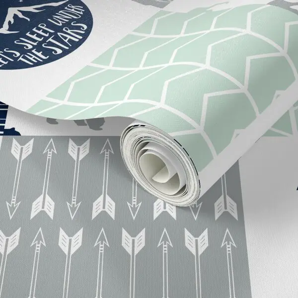 Spoonflower Adventure Wholecloth Northern Lights Patchwork Custom Removable Wallpaper - Mint,blue,green