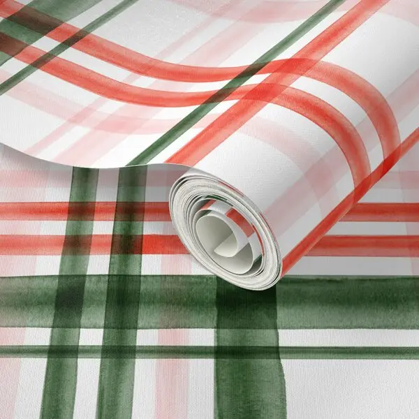 Spoonflower Christmas Watercolor Plaid Pink Green Red Baby Custom Pre-pasted Wallpaper - Green,red,pink