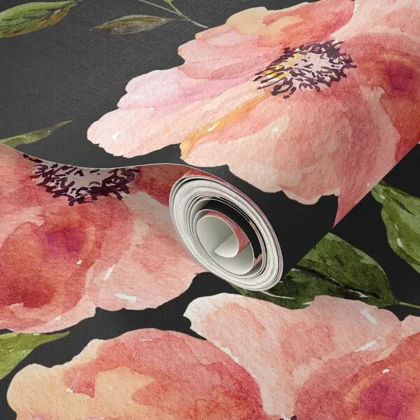 Spoonflower Peach Pink Floral Flowers Black Roses Peonies Custom Pre-pasted Wallpaper - Gray,pink,green