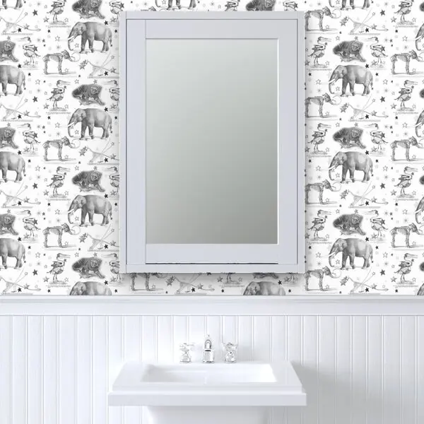 Spoonflower Star Animal Vintage Black And White Greyscale Custom Removable Wallpaper - White,gray