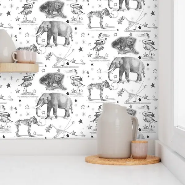 Spoonflower Star Animal Vintage Black And White Greyscale Custom Removable Wallpaper - White,gray