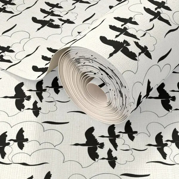 Spoonflower Flying Geese Black On White Small 100% Natural Sisal Grasscloth Wallcovering - Black,blue