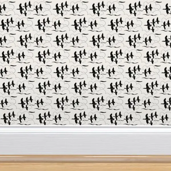 Spoonflower Flying Geese Black On White Small 100% Natural Sisal Grasscloth Wallcovering
