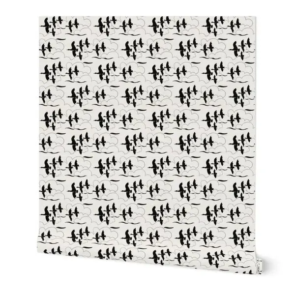 Spoonflower Flying Geese Black On White Small 100% Natural Sisal Grasscloth Wallcovering