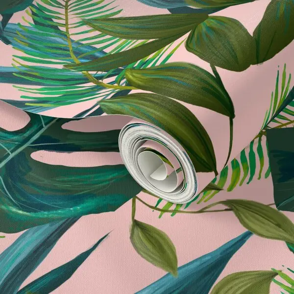 Spoonflower Tropical Leaves Peach Custom Pre-pasted Wallpaper - Green,pink,turquoise