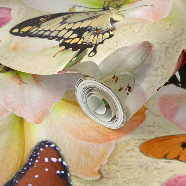 Spoonflower Butterflies Butterfly Photo Flowers Landscape Custom Removable Wallpaper - Brown,pink,beige