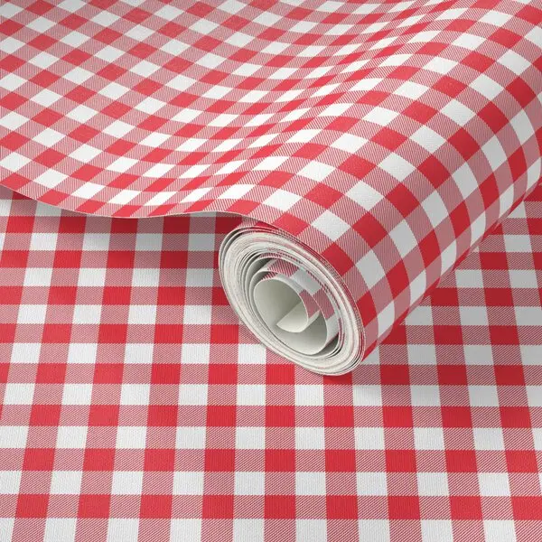 Spoonflower Plain Gingham Red White Check Plaid Custom Removable Wallpaper - Red,white,pink