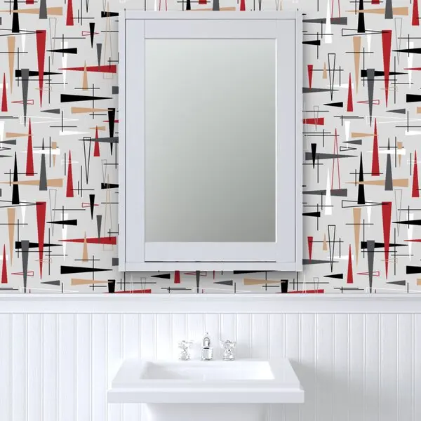 Spoonflower Red Modern Abstract Atomic Space Age Tan Beige Mod Custom Removable Wallpaper - Gray,red