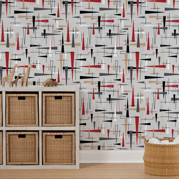 Spoonflower Red Modern Abstract Atomic Space Age Tan Beige Mod Custom Removable Wallpaper - Gray,red