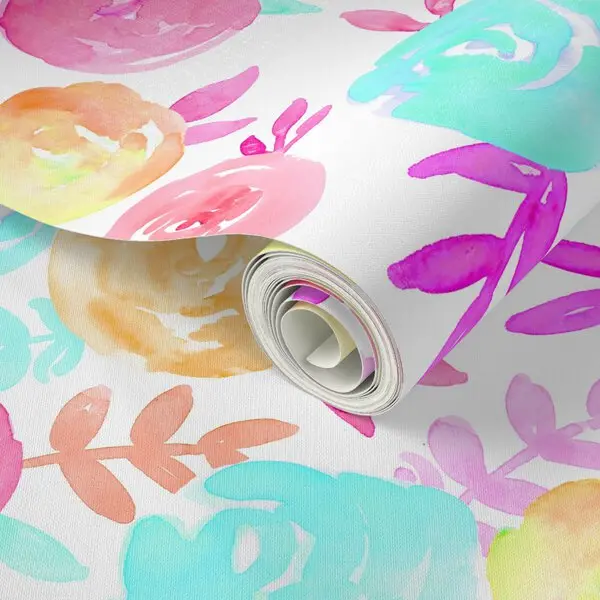 Spoonflower Pink Teal Turquoise Teen Floral Tween Watercolor Custom Removable Wallpaper - Blue,pink,teal