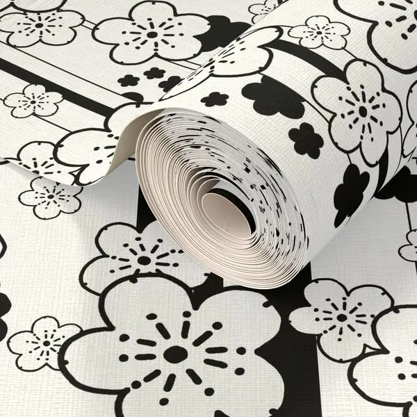 Spoonflower Floral Flower Coloring Book Black And White Sakura 100% Natural Sisal Grasscloth Wallcovering - Black,white